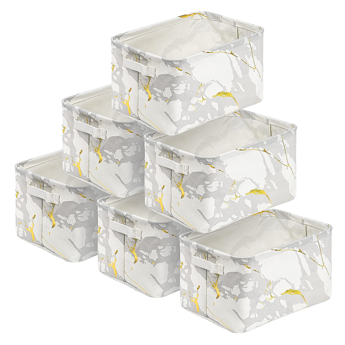6 Pcs Storage Basket Foldable Cube Fabric Bins Square Mini Box Receive Organizer Rectangle Canvas with Handles for Nursery Home Office Kids Toys Books Small 11x8x6.3 inch Marble White
