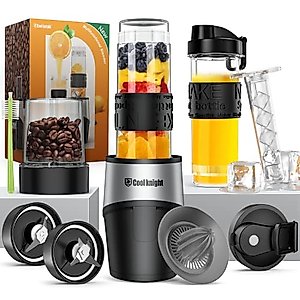 COOL KNIGHT Personal Blender, 500 Watts Bullet Blender for Shakes and Smoothies, 10-Piece Kitchen Blender Set with 20oz Sports Mug, Grinder Cup, 2 to-go lid, Freezer Rod and lemon squeezer,BPA free (Black-Silver)