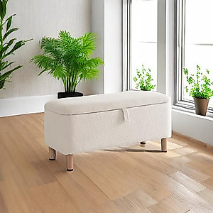 Boucle Storage Ottoman Bench for Bedroom end of Bed, Sherpa Upholstered Shoe Seat Storage Beach for Entryway Bed Foot, Rectangle Cushion Padded Blanket Chest Cute for Living Room, White