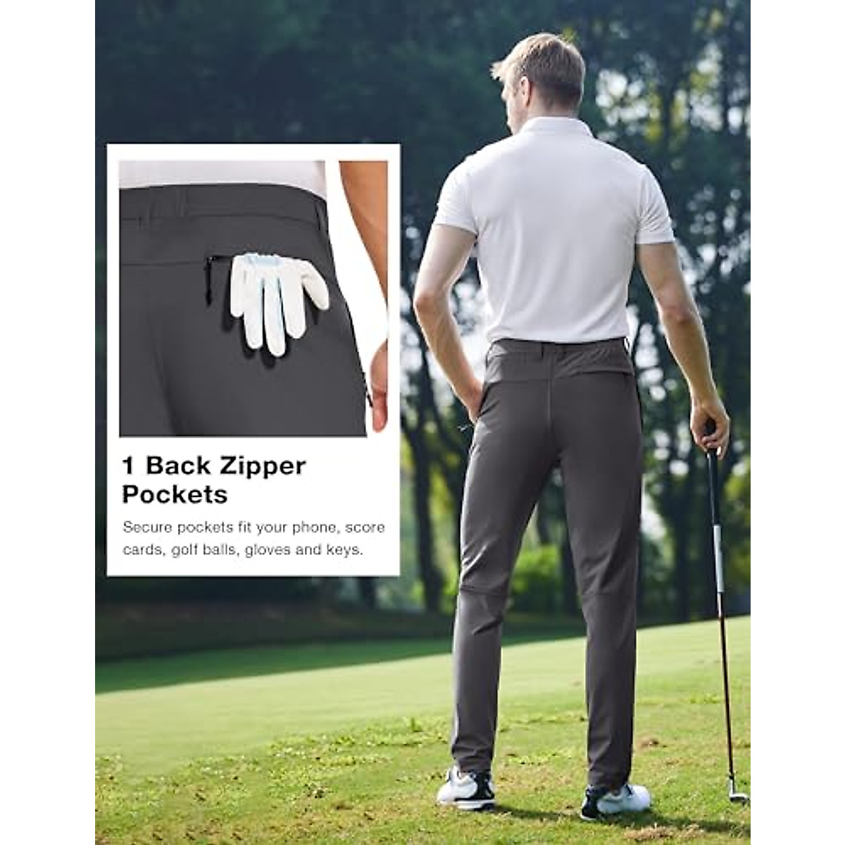 SPECIALMAGIC Golf Pants Men Stretch Slim fit Hiking Pants Lightweight Dress Casual Tapered Zipper Pockets Grey,34-32