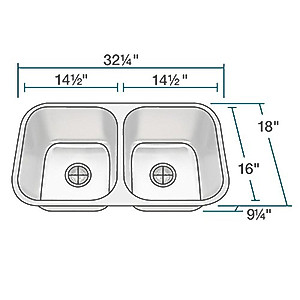 MR Direct 3218A-16 Stainless Steel Undermount 32-1/4 in. Double Bowl Kitchen Sink, 16 Gauge