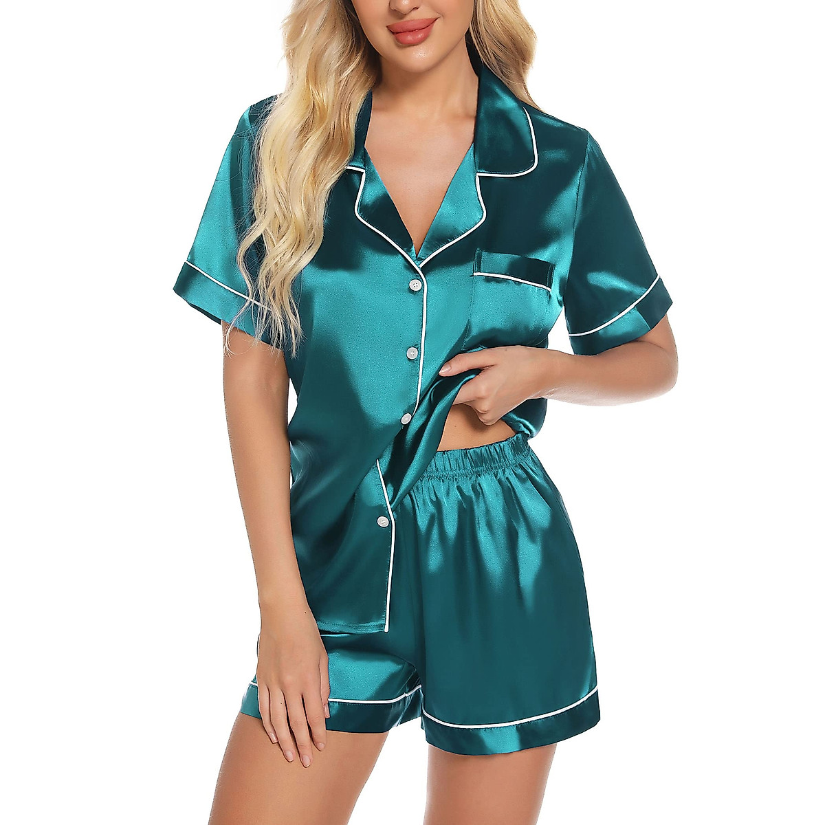 Senert Silk Satin Pajamas Set Women Two-Piece Nightwear Short Sleeve Sleepwear Soft Button Down Loungewear Pjs Set Green,XX-Large