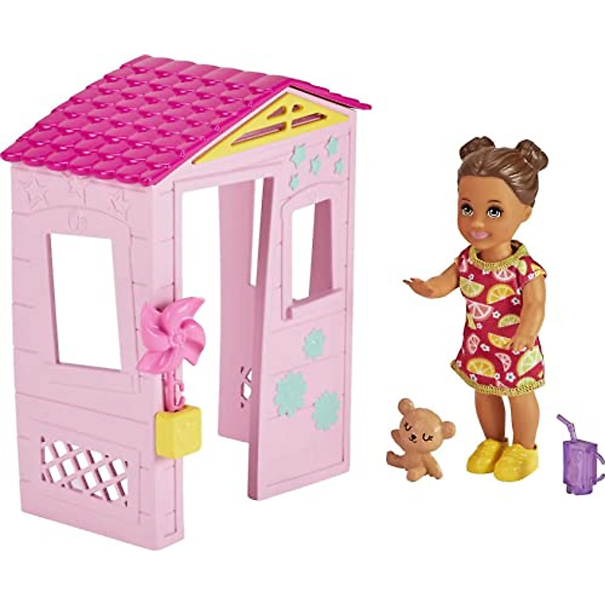 Barbie Skipper Babysitters Inc. Accessories Set with Small Toddler Doll & Pink Playhouse, Plus Pinwheel, Teddy Bear & Cup, Gift for 3 to 7 Year Olds