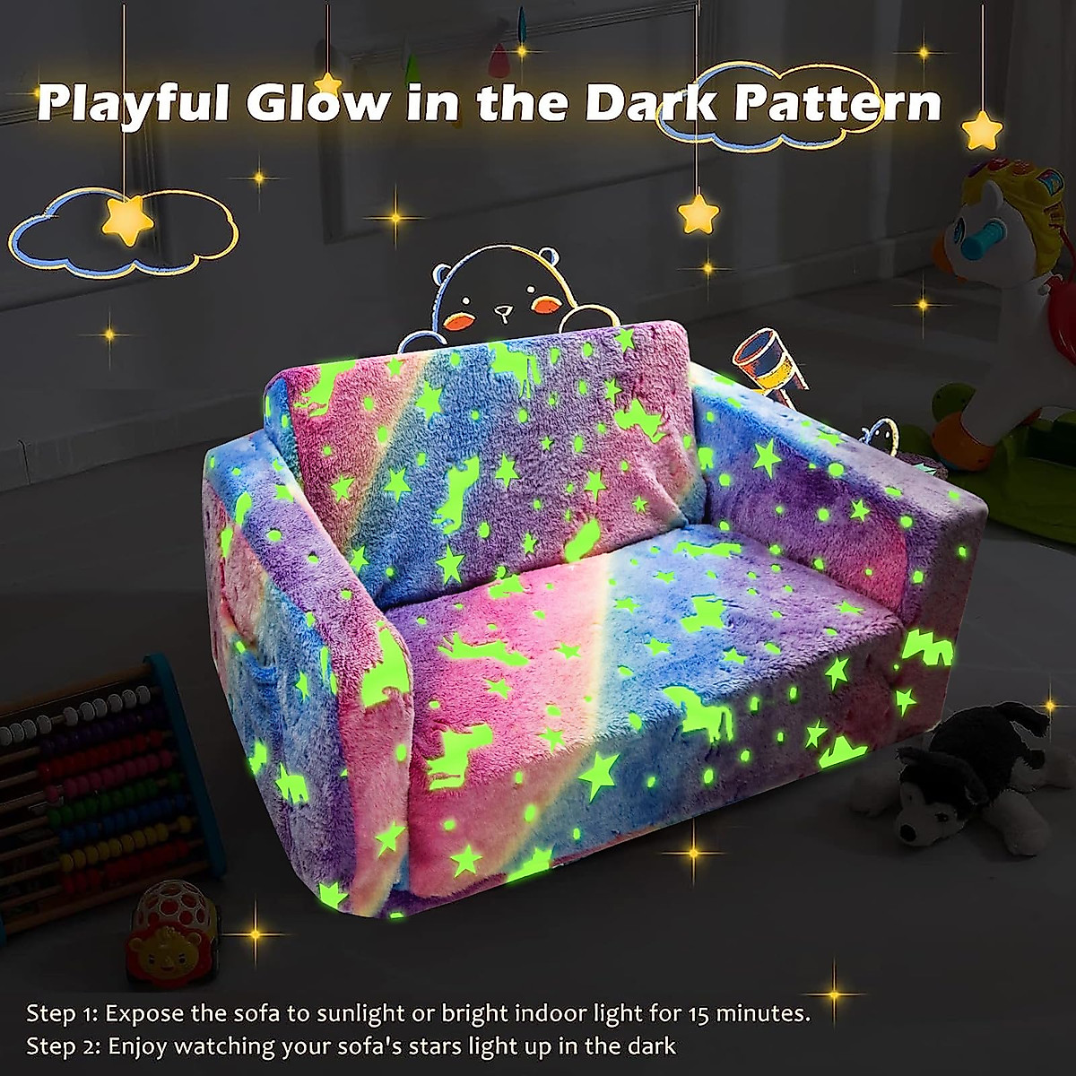 Asou Kids Sofa Toddlers Sofa with Blanket Glow in The Dark Kids Couch Fold Out Toddlers Play Couch 2 Seats Couch for Kids Toddlers