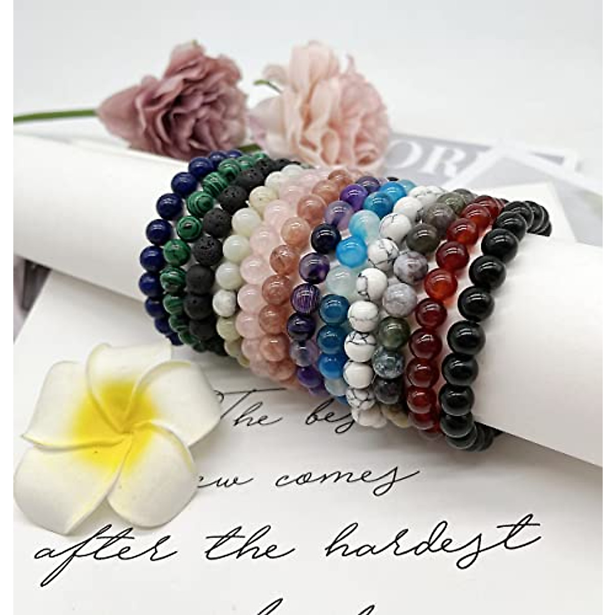 WAINIS 12PCS 8mm Semi-precious Beaded Bracelets for Men Women Healing Stretch Round Bead Crystal Gemstones Bracelets Unisex