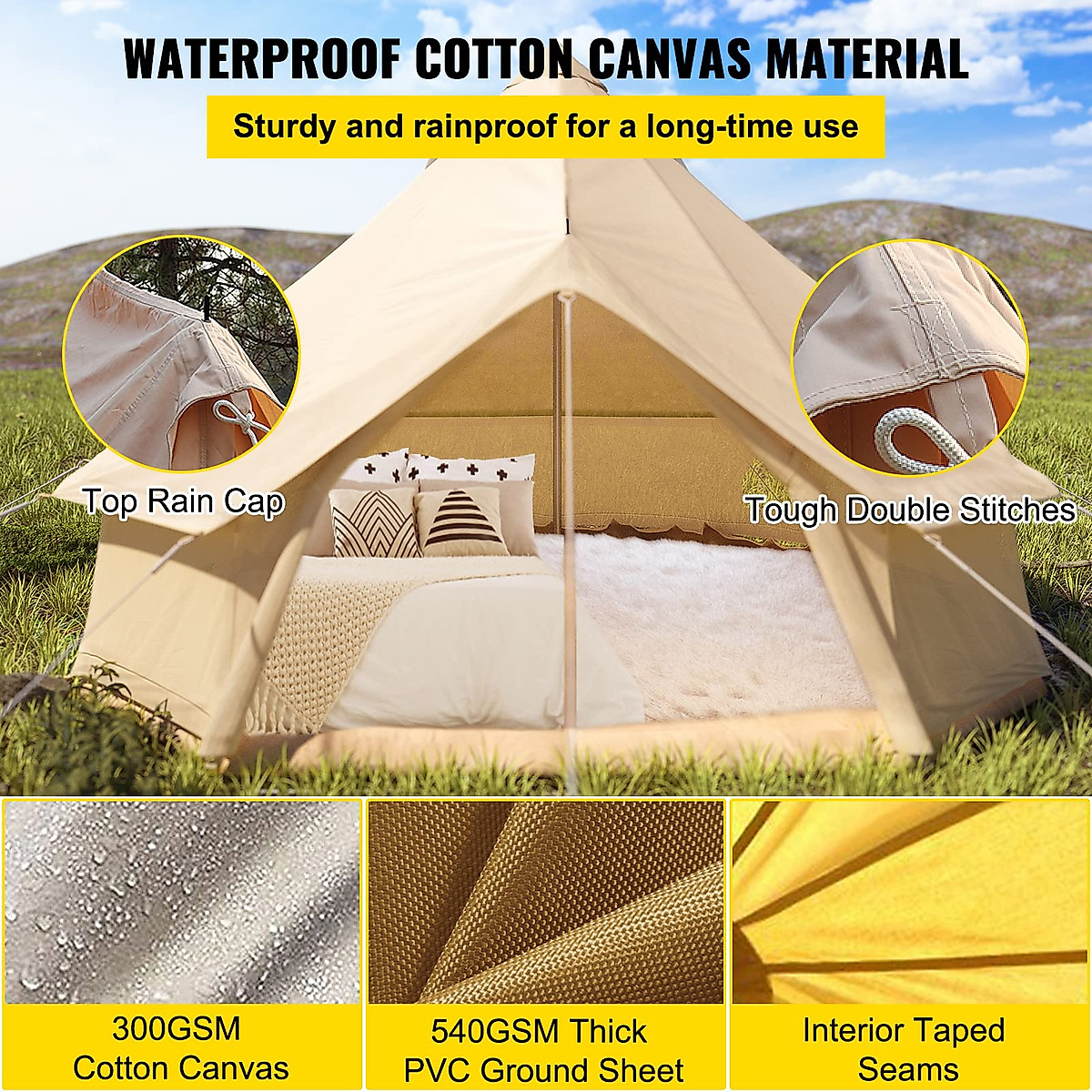 Happybuy Canvas Bell Tent, Waterproof & Breathable 100% Cotton Retro and Luxury Yurt with Stove Jack, 16.4ft / 5m Diameter, Large Canopy Used in 4 Seasons, for Family Camping, Outdoor Glamping, Party