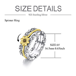 VONALA Sunflower Fidget Rings for Anxiety 925 Sterling Silver Sunflower Spinner Rings for Women Worry Ring Anti Stress Mood Rings Gifts Band Wide 7#