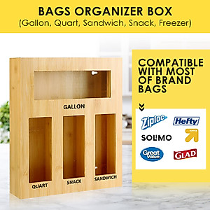 Bag Storage Organizer with Stickers for Kitchen Drawer, Bamboo Made Food Storage Wrapped Baggie Organizer Holders Dispenser, Compatible with Gallon Quart (Slider Quart) Sandwich and Snack Size Bags