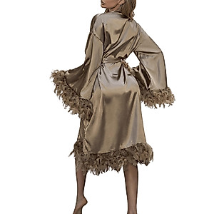 WDIRARA Women's Long Sleeve Satin Fuzzy Trim Robe Bridesmaid Robe Wedding Party Robe Bronze M