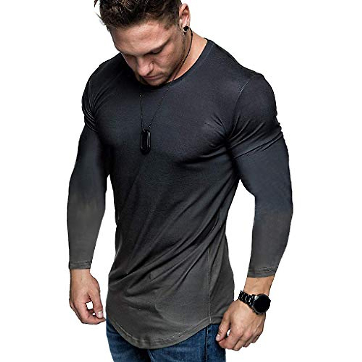 Thenlian Men's Fashion Trend Casual And Comfortable Gradient Ramp Shader Sweater(S, Black)