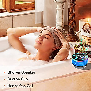 Bluetooth Shower Speakers, Portable Wireless Outdoor Speaker with HD Sound, Bluetooth Speaker with 8H Playtime, FM Radio, Handsfree LED Light Show with Suction Cup, IPX7 Waterproof for Travel/Party