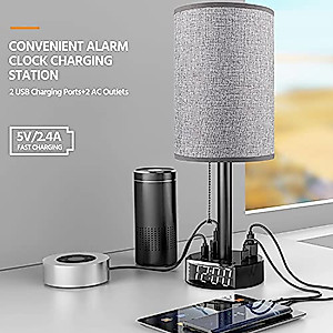 Gray Nightstand Light Lampshade 6ft Plug Extension Cord Dual USB Charging Port AC Outlet, Cylinder Desk Lamp Clock Charger Bedroom Home Dorm School Office Electric Adapter Socket Reading Work Study