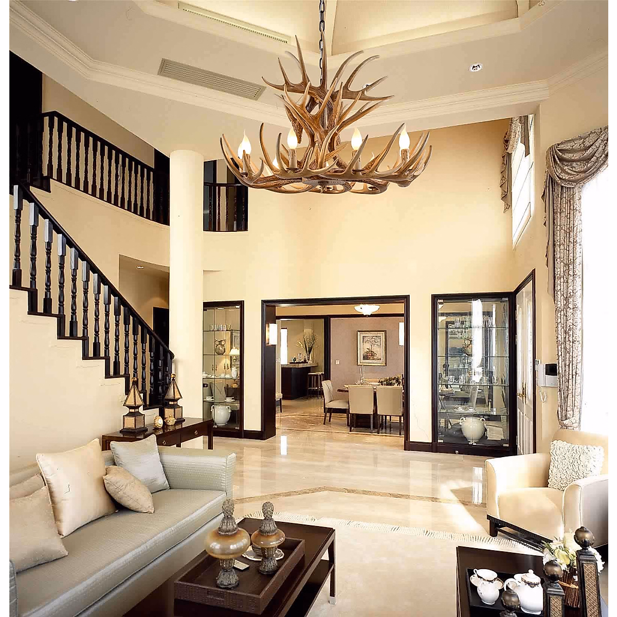 Hubrin Rustic Antler Chandelier 9-Light, Farmhouse Deer Antler Chandelier Lighting, Retro Antler Light Fixtures, Brown E12 for Home Store (9 lamp arms + 6arms)