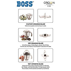 Boss Crown Wet & Dry Mixer Grinder Powerful 750W with 3 Stainless Steel Jars, 110V for USA