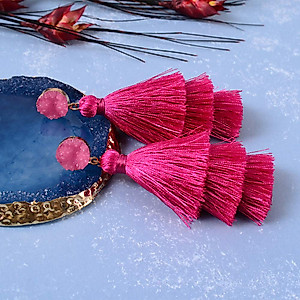 Hot Pink Layered Tassel Bohemian Drop Dangle Earrings, Handmade Druzy Stud Holiday Festive Costume Earrings Gift for Women Mother's Day (Three-Shocking Pink)