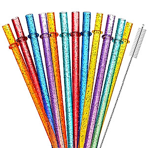 12-Pack Glitter Reusable Colorful Plastic Straws, 11 Inches Clear BPA-Free Unbreakable Sparkle Tumbler Drinking Straws with Cleaning Brush