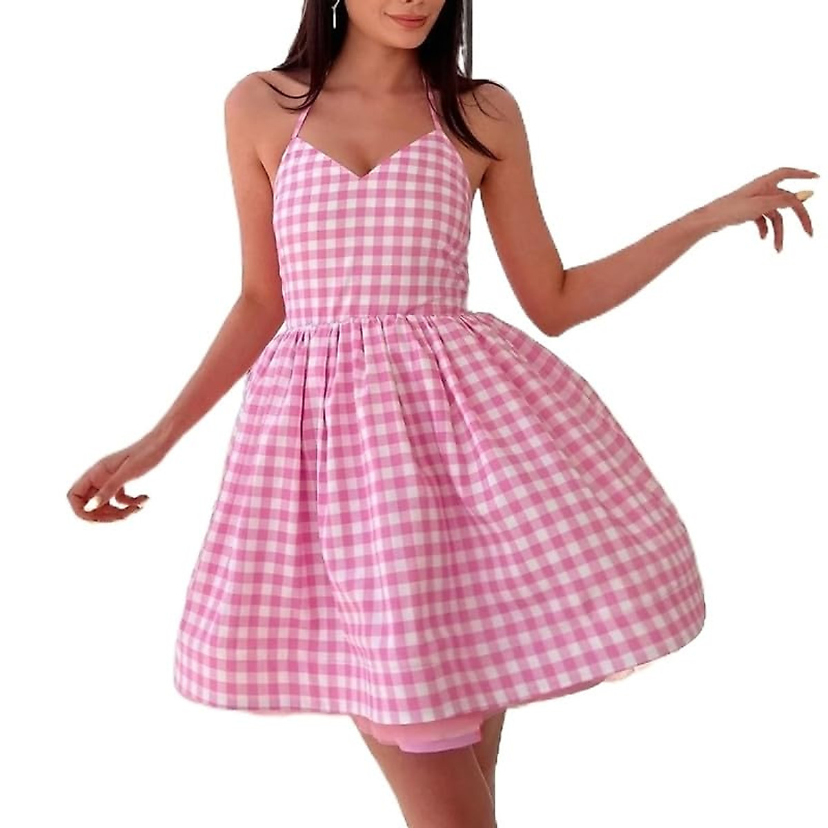 Women Y2k Pink Gingham Dress Backless Plaid Halter Swing Dress Rockabilly Polka Dot Dress 50s Vintage Tea Dress