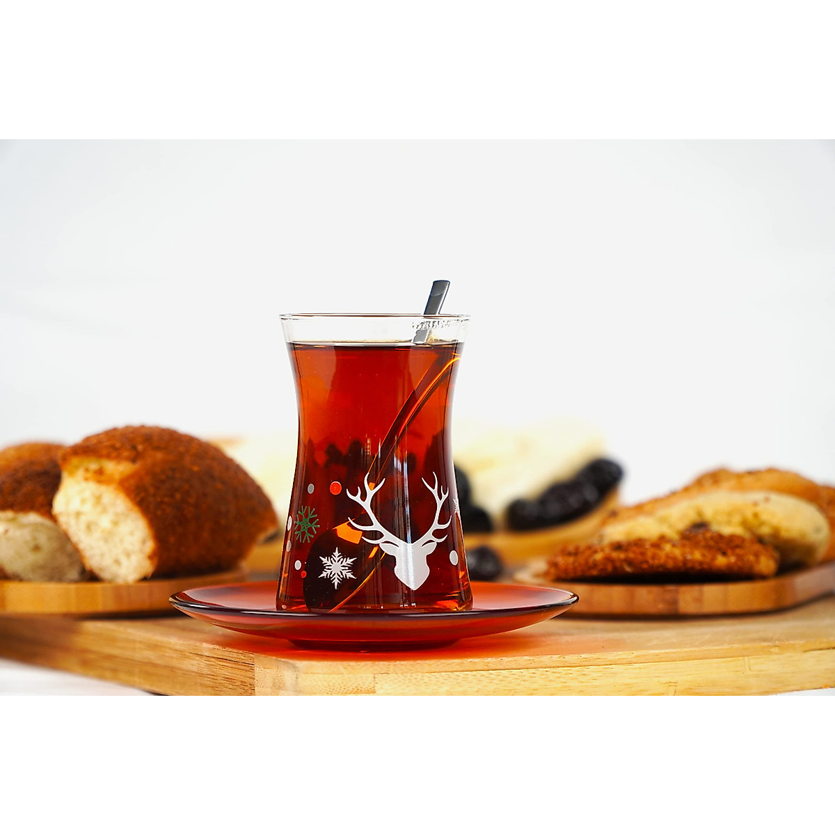 Turkish Tea Set, Turkish Tea Cups, Saucers and Tea Spoons, 6 Glasses, 6 Saucers and 6 Stainless Steel Spoons (18 Pieces), Set For 6 (Christmas)