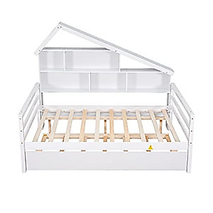 Woanke Full Size Daybed with Trundle and Shelves, Solid Wood Platform Bed Frame, House Bed for Kids Teens Girls Boys, No Box Spring Needed, White
