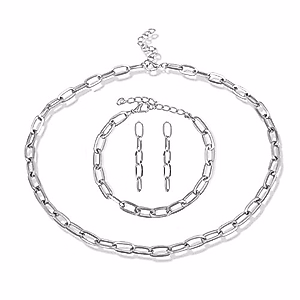 14K Gold Plated Paperclip Alloy Link Chain Choker Necklace Bracelet Earrings Set Punk Oval Dainty Chunky Chain Flat Link Costume Jewelry Set for Women Girls Men Party Gifts Jewelry-Silver