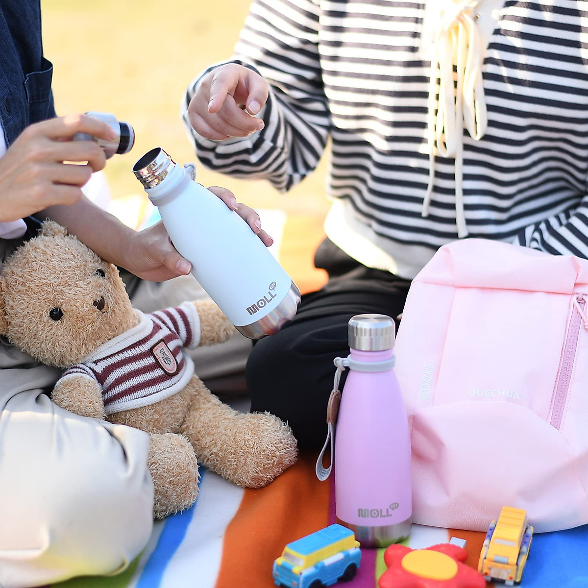 Mollcity 9 oz Water Bottle for Kids-Small Stainless Steel Water Bottle for School Vacuum Insulated Metal Leak Proof Cola Shape Water Bottle for Boys Girls(Baby Blue)