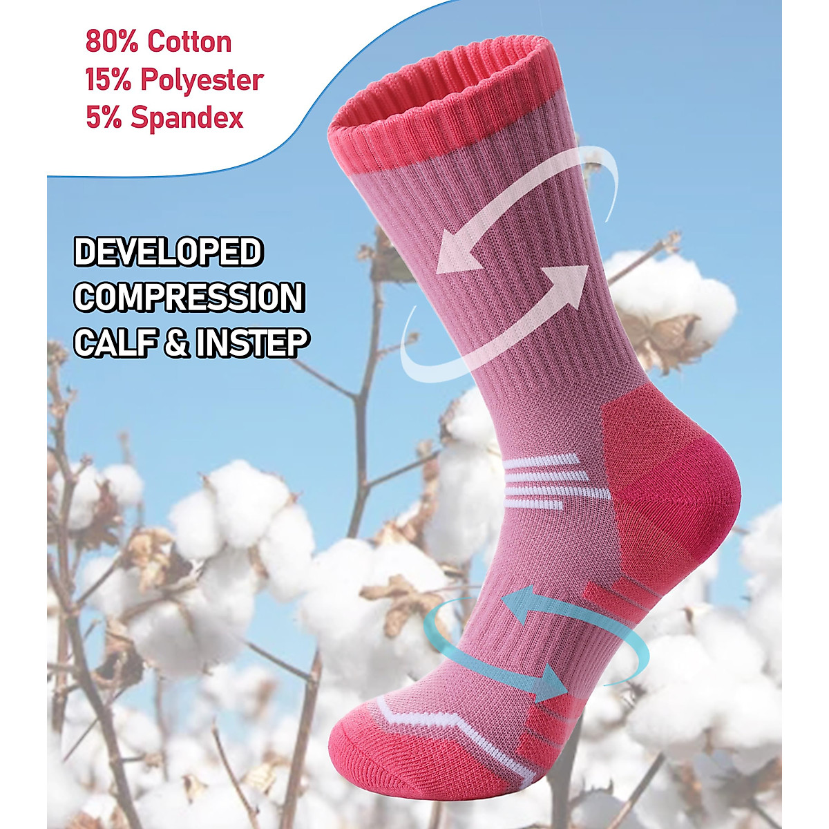 FNOVCO Women's Hiking Walking Running Crew Socks Thick Cushioned Athletic Compression Socks 5 Pairs (Multicolor 02, 8-10)