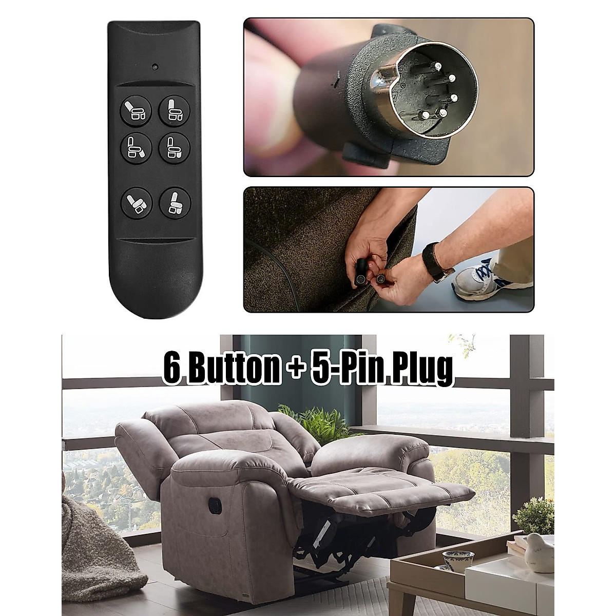 Lift Chair Remote Control for Home Power Recline Hand Control 6 Button Remote with 5-Pin Plug Extension Cable Fit for Okin Dewert Limoss Lazyboy Golden Catnapper