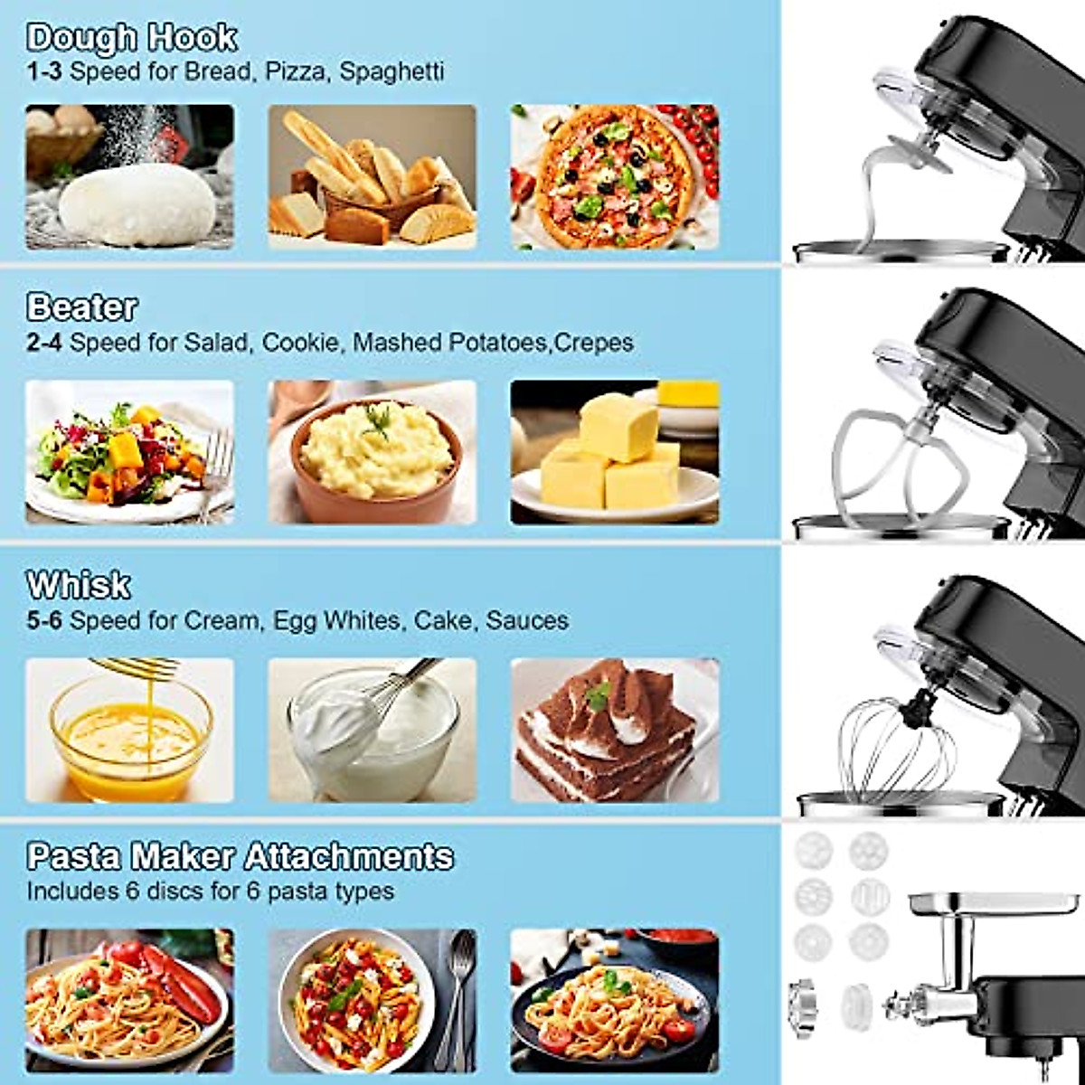 Stand Mixer, 6 IN 1 Multifunctional Electric Kitchen Mixer 660W 6 Speed with 7.4QT Stainless Steel Bowl, 1.5L Glass Jar, Meat Grinder, Dough Hook, Whisk, Beater, Sausage Kit, Food Mixer for Baking