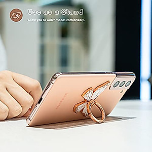Butterfly Cell Phone Ring Holder, 360°Rotation Phone Ring Grip, Compatible with iPhone, Samsung Galaxy, LG Google Pixel, iPad, Rhinestones and Enamel (Rose Gold and White)