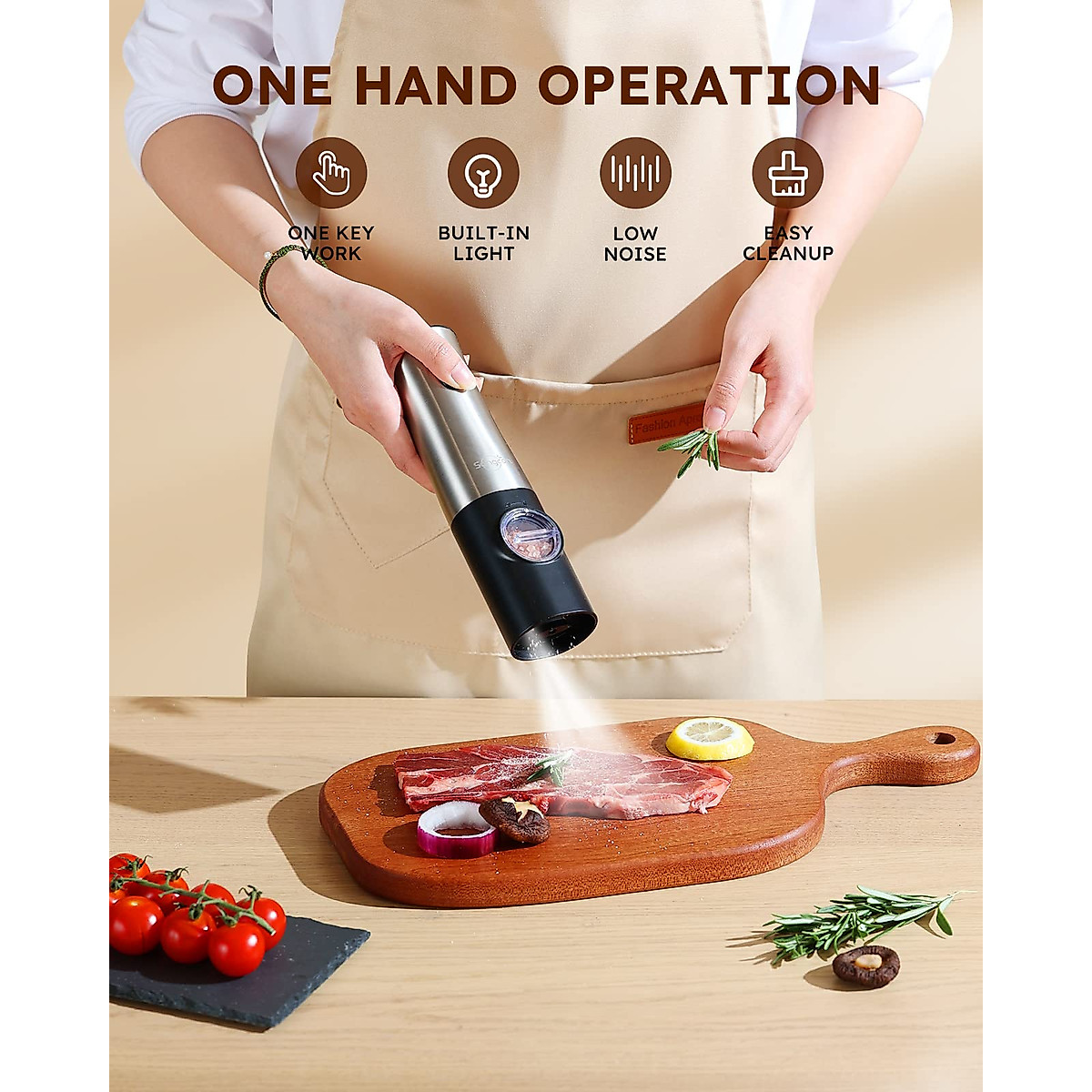 Sangcon Electric Salt and Pepper Grinder Set, Automatic Pepper Mills with LED Light, Battery Powered Salt and Pepper Shakers with Stand, Adjustable Coarseness, One-Handed Operation, Stainless Steel