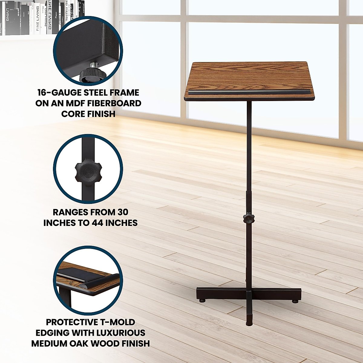 Oklahoma Sound Portable Presentation Series Adjustable Height Lectern Stand 16 Inch x 20 Inch Reading Surface with Book and Paper Stop, Medium Oak