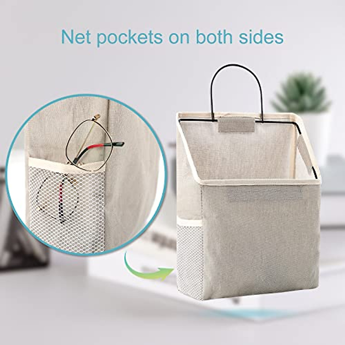 Surblue Wall Hanging Storage Bag with Sticky Hook, Closet Hanging Storage for Pocket, Bathroom Dormitory Organizer Bag, Linen Cotton Organizer Box Containers for Bedroom(Grey)