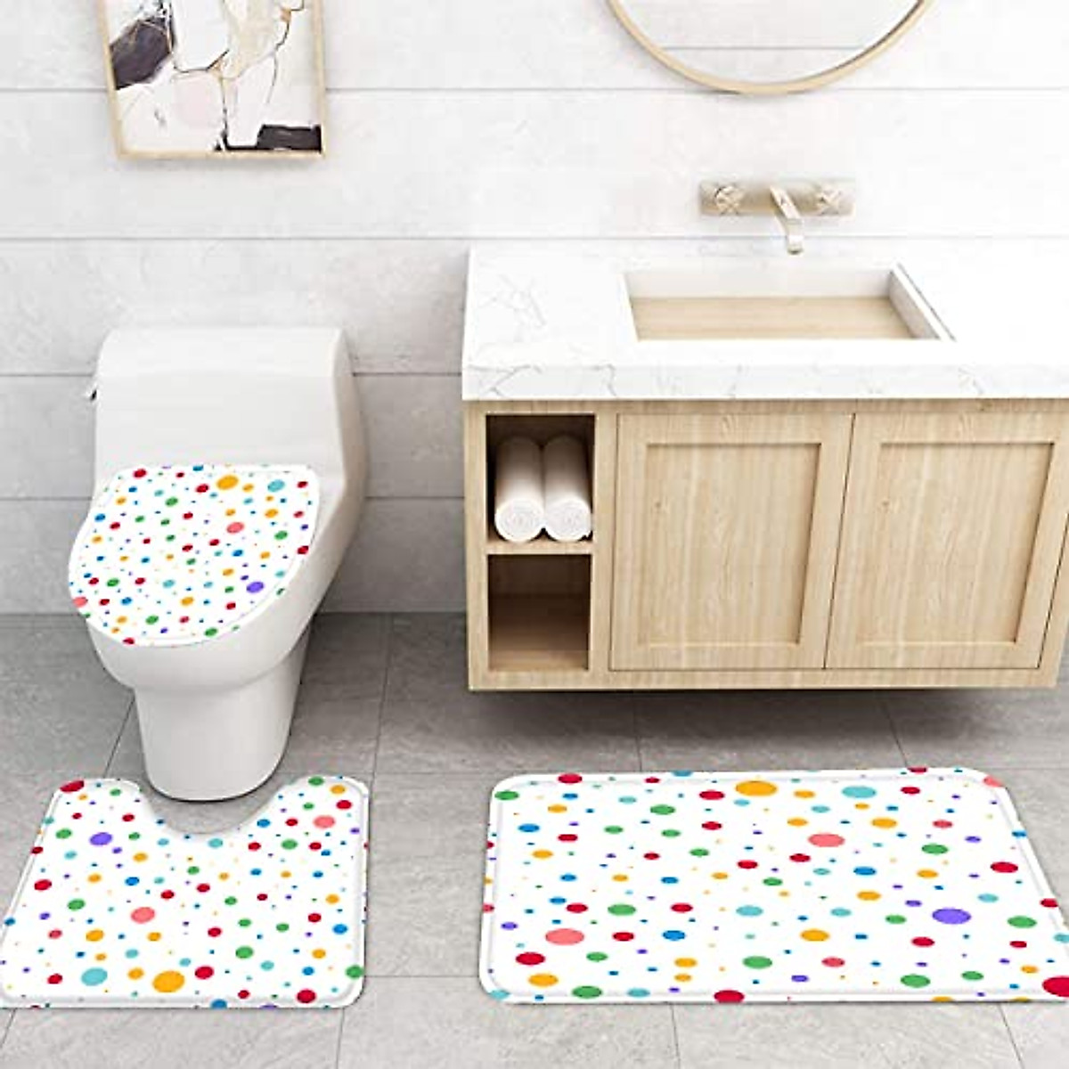 4 Pcs Rainbow Polka Dot Shower Curtain Set, Colorful Abstract Circles Bathroom Sets with Shower Curtain and Rugs, Bath Curtain and Bath Mat, Toilet Lid Cover and U Shaped Rug, 12 Hooks, SETLSSD265