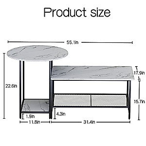 Huhote Nesting Coffee Table Set of 2 Storage End Table Modern White Faux Marble Round and Rectangular Table,2 Tiers Large Table with Metal Frame for Living Room Balcony Cabin Bed Room Dining Room.