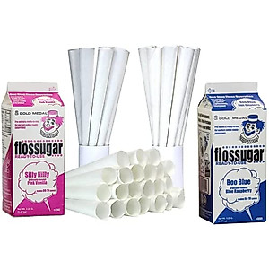 Perfectware 2 Pack Cotton Candy Floss Sugar with 100 Count Paper Cotton Candy Cones. Pink Vanilla and Blue Raspberry& Great Northern Popcorn Premium 8 Ounce Popcorn Portion Packs, 8 Ounce