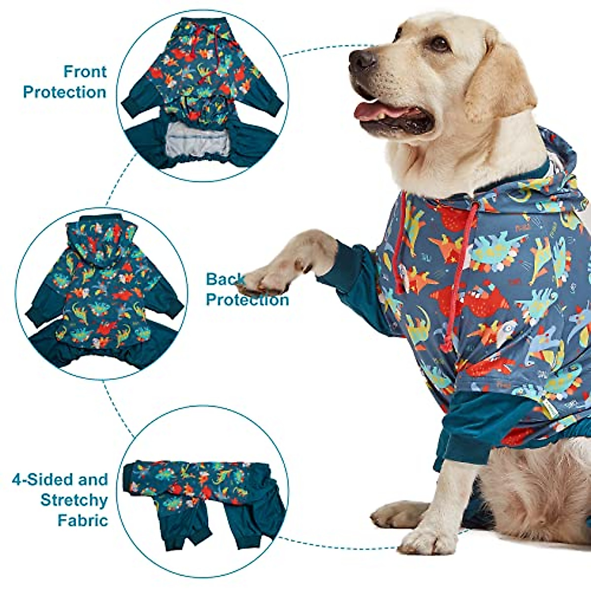 LovinPet Onesies for Pitbulls: Wound Care, Anxiety Lightweight Onesie, Large Dog Pajamas, Pjs for Dogs, Reflective Stripe, Super Dinos Navy Print, Surgical Recovery Clothes/Large