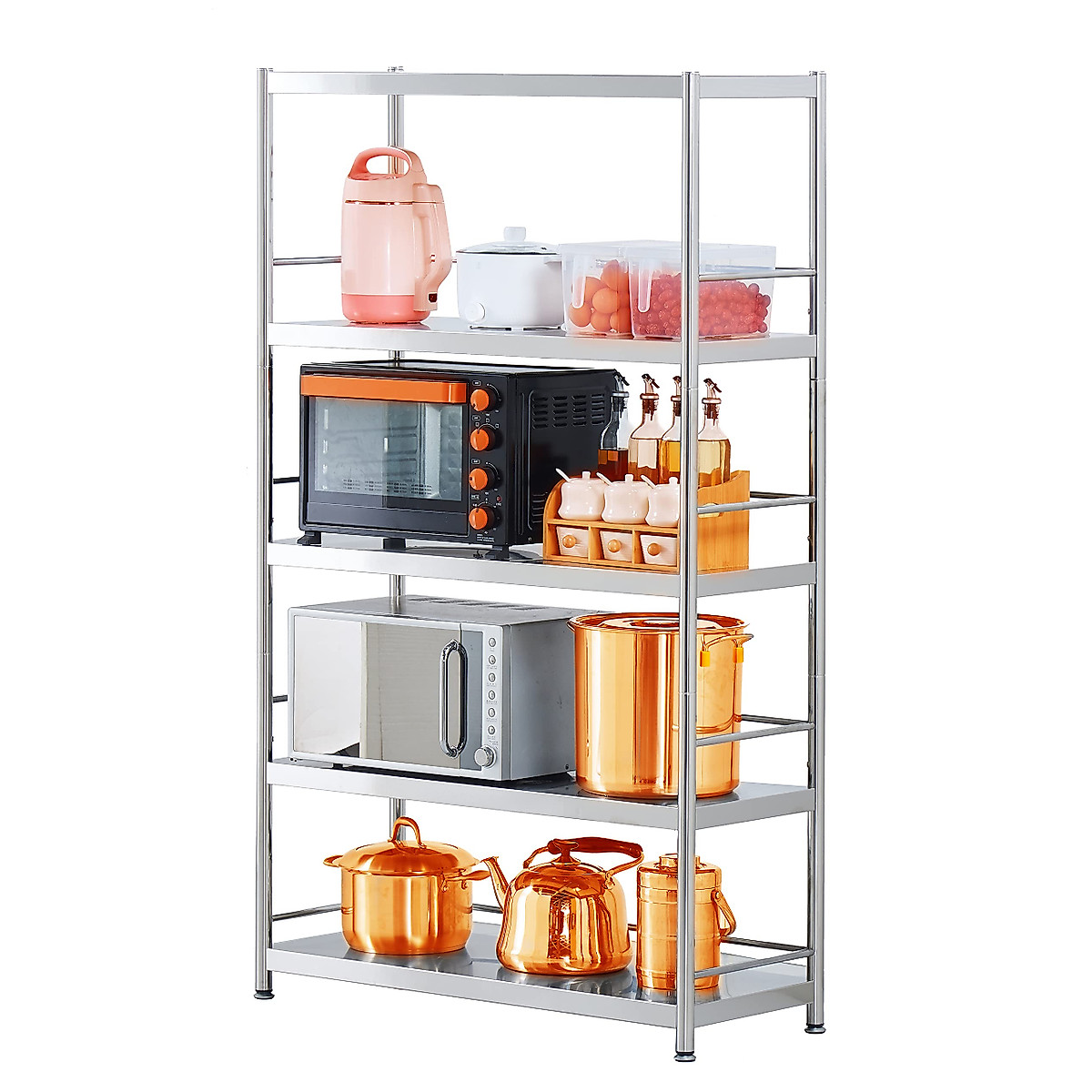 susunnus 5-Tier Stainless Steel Shelf, Heavy Duty Shelving for Kitchen, Garage, Industrial Storage, Kitchen Shelves with Guardrails, Adjustable Feet, Easy to Clean