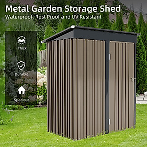5X3 FT Outdoor Storage Shed, Waterproof Metal Garden Sheds with Lockable Door, Steel Tool Storage Buildings Shed & Outdoor Storage House for Garden, Backyard, Patio, Lawn, Trash Cans(Brown)