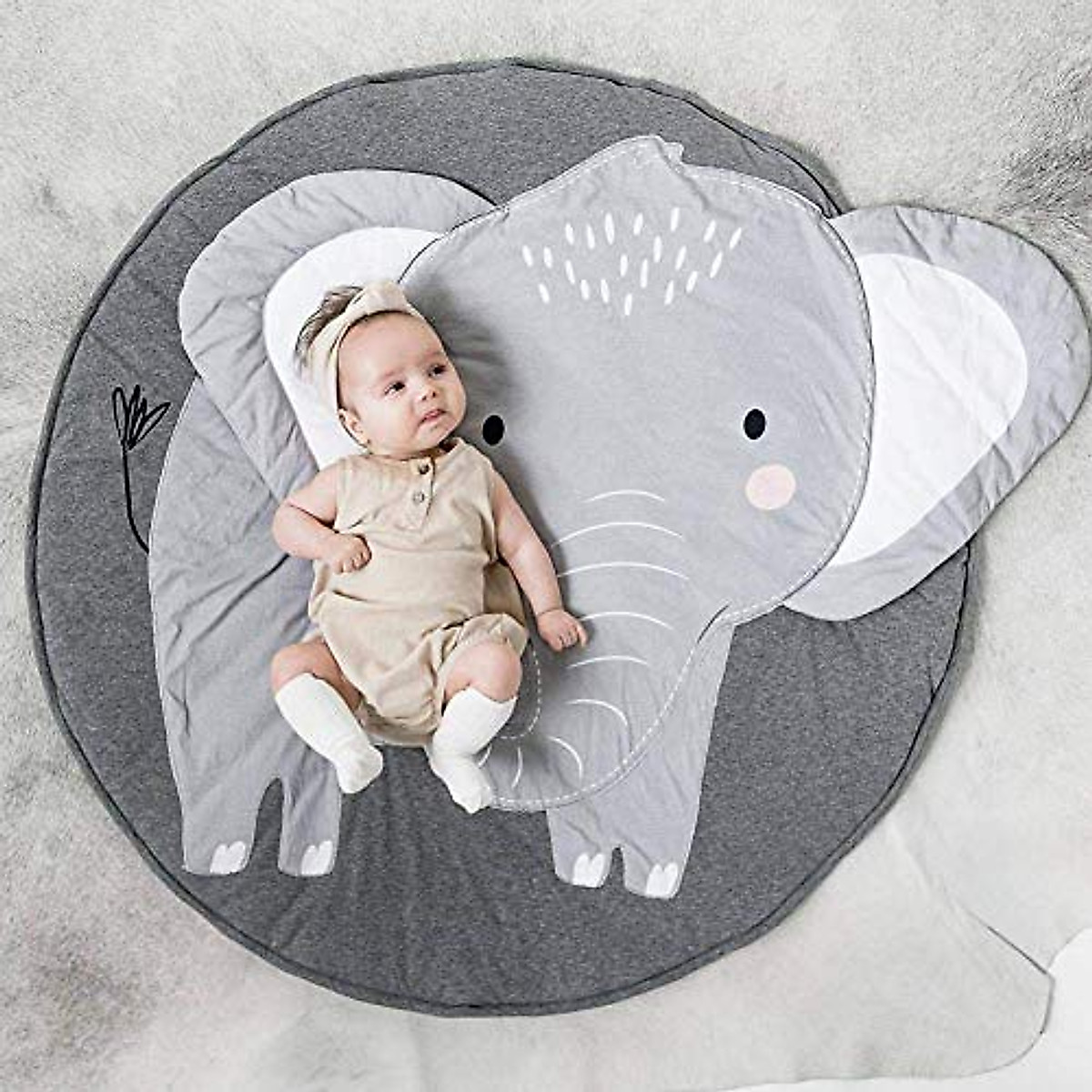 Ustide Nursery Kids Rug Creeping Crawling Mat Elephant Baby Rug Childrens Floor Area Rug Mat 100% Cotton Baby Crawling Mat Round Infants School Carpet Decor, Gray Round Cartoon Mat