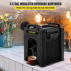 VEVOR Insulated Beverage Dispenser, 2.5 Gal, Double-Walled Beverage Server w/PU Insulation Layer, Hot and Cold Drink Dispenser w/ 2-Stage Faucet Handles Nylon Latches Vent Cap, NSF Approved, Black