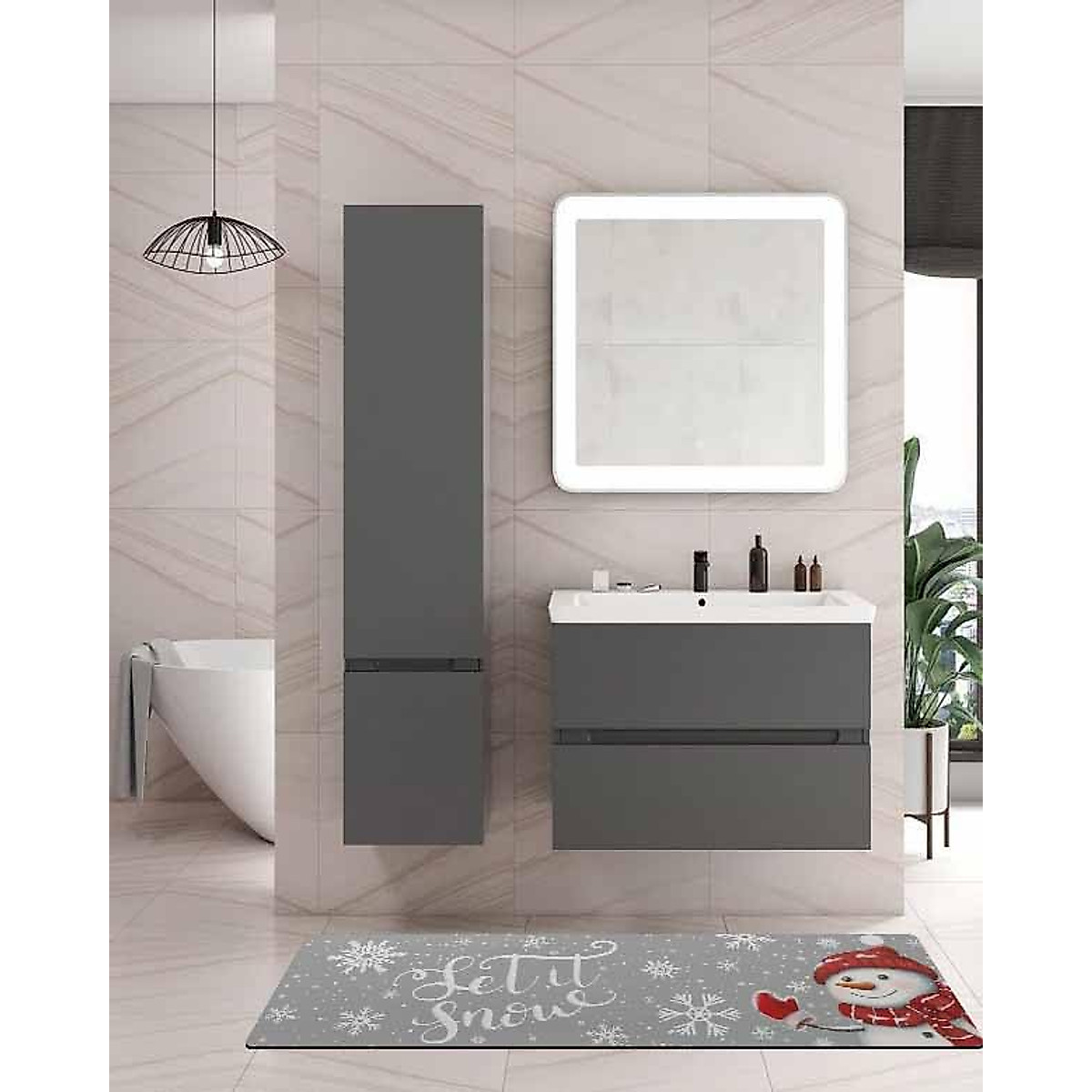 Jolunifun Christmas Snowman Bath Mat for Tub,Non Slip Bathroom Floor Runner Rug Quick Dry &amp; Absorbent Diatomaceous Earth Shower Sink Bedroom Kitchen Washable Doormat,Winter Red Snowflake Grey 20&quot;x47&quot;