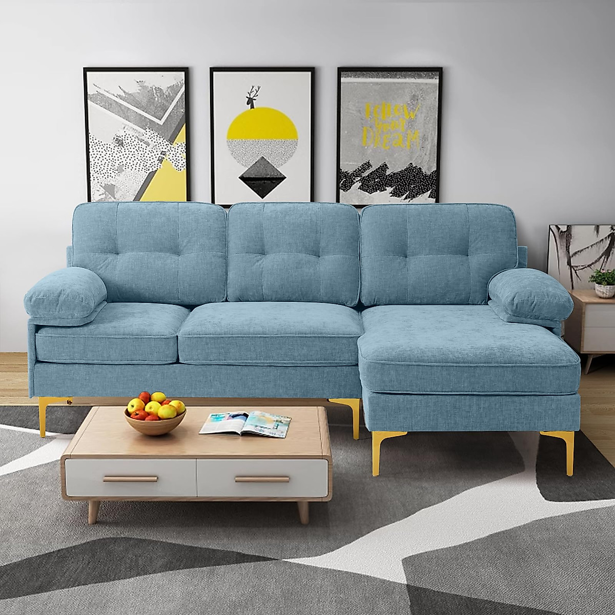 LEISLAND 79" Modern Sectional Sofa Couch for Living Room, Small Couches for Small Spaces, Chenille L Shaped Sofas with Solid Wood Frame, Detachable Cover, Attached Armrest(Light Blue)