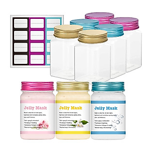 12oz Clear Plastic Jars with Colorful Metal Lid - BPA-Free Refillable Clear Square Cosmetic Container for Storage (6 Pack)