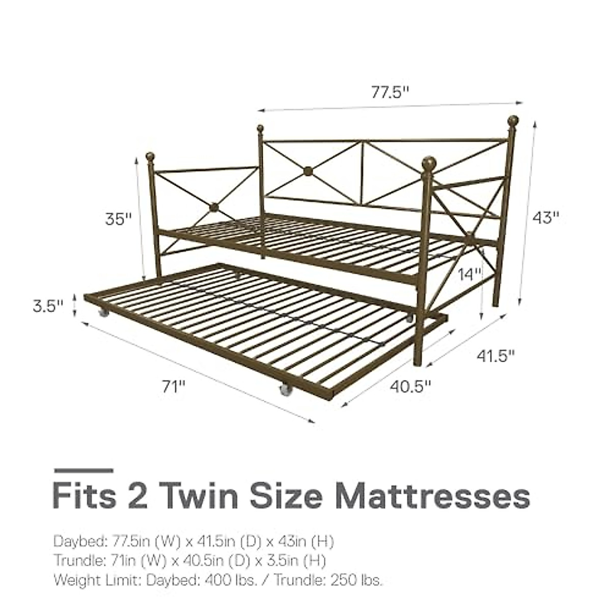 DHP Lina Metal Daybed with Trundle, Twin Size Sofa Bed Frame, Gold