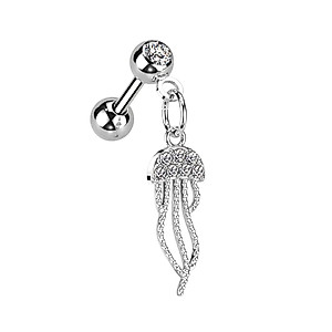 Pierced Owl 16GA 316L Stainless Steel CZ Crystal Paved Jellyfish Dangling Barbell (Silver Tone)
