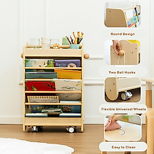 Kidi House 4-Tier Wooden Kids Bookshelf Double-Sided Toddler Bookshelf with Wheels Movable Birch Book Display Shelf Montessori Bookshelf Baby Bookshelf for Kids Room Nursery Classroom Playroom Natural