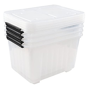 Yarebest 4-Pack Latch Storage Box, 30 Liter Clear Large Plastic Box Tote Bins with Wheels