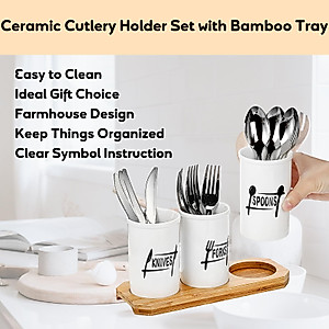 Youeon 3 Pcs Ceramic Silverware Caddy Utensil Holder for Countertop, Silverware Organizer with Bamboo Tray, Spoon and Fork Holder, Flatware Organizer Utensil Caddy for Counter, Cabinet, Restaurant