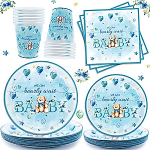 Oigco Teddy Bear Baby Shower Tableware Plates and Napkins - We Can Bearly Wait Baby Shower Decorations Supplies for 24 Guests Boy Bear Theme Party Supplies Kids Birthday Party and Baby Shower
