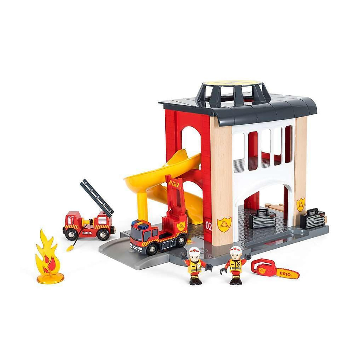 BRIO 33833 World Central Fire Station - Interactive Toy Set with Fire Truck and Accessories | Light and Sound Features | Compatibility with All BRIO Railway Toys | Safety Tested | for Kids Ages 3+